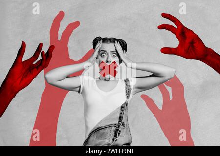 Photo image collage scared frustrated young man aggressive angry ...