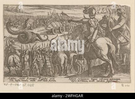 Army fights a giant snake, Antonio Tempesta, 1605 print An army locks a ...