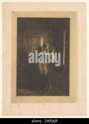 Young woman looks outside along a curtain, Guillaume Joseph Vertommen ...