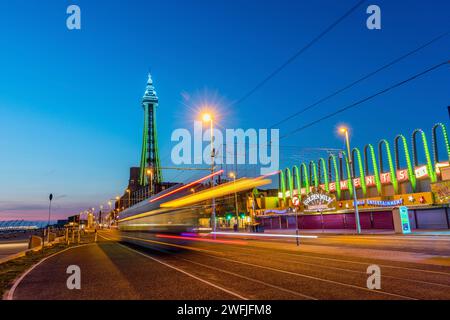 The lights on the promenade at night in Blackpool, Lancashire, England ...