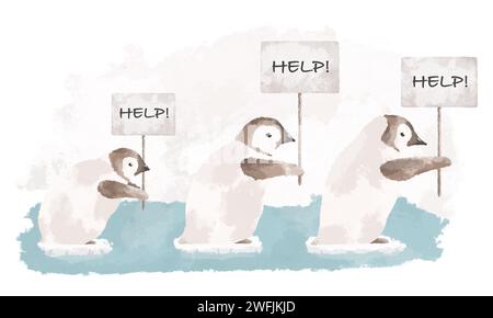 Group of penguins with help sign. Global warming concept. Climate ...