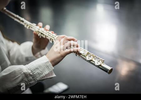 Playing transverse flute. Close up Stock Photo - Alamy