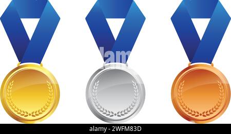 Blank medals. Empty gold silver bronze medal set. Vector metal winner ...