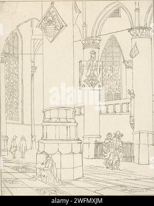 . Interior of a church. An artist is drawing at the foot of a pillar ...