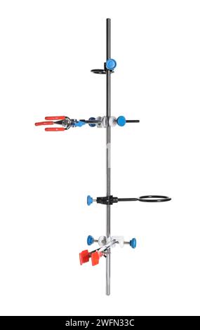 Retort stand with many clamps isolated on white Stock Photo - Alamy