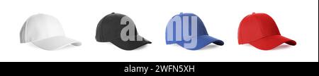 Set with stylish baseball caps on white background. Banner design Stock ...