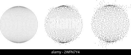 Set of dotted spheres with dissolve effect. Stippled disintegrating ...
