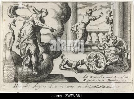 Young Hercules sits upright in his cradle strangling two snakes. On the ...