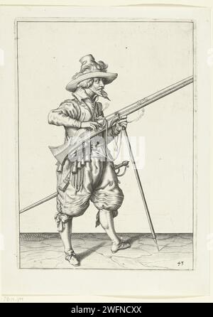 Soldier on guard the pan of his musket with two fingers covered against ...