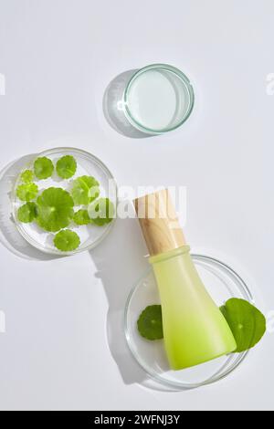 An empty label jar displayed with transparent podium and glass petri ...