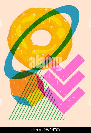 Risograph Doughnut with geometric shapes. Objects in trendy riso graph ...