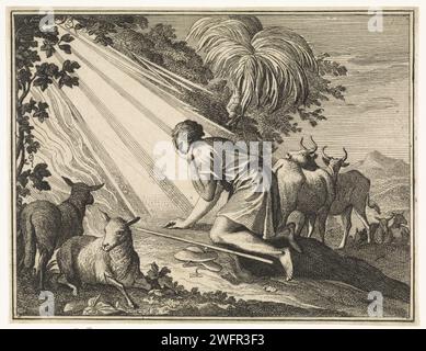 Moses at the burning bush bush, Caspar Luyken, 1698 print Amsterdam paper etching Moses ...