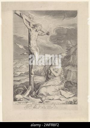 Maria Magdalena kneeling at the Crucified Christ, Raphaël Sadeler (I), 1617 print The crying ...