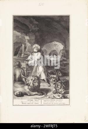 Daniel in the lion's den, Daniel is kneeling in a cave, surrounded by ...