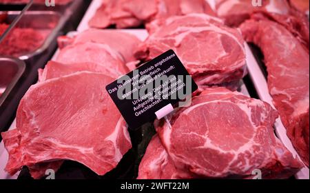 01 February 2024, Berlin: Fleischerei Mischke has labeled its meat ...
