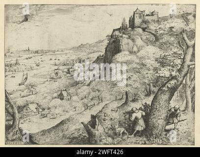 Landscape with rabbit hunting. Landscape with hills and river. In the ...