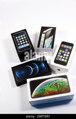 group of vintage old apple iphone boxes packaging, iphone 3gs, iphone 4 ...