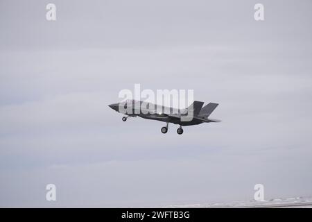 A Norwegian F-35 fighter plane in place in a hangar at Keflavik in ...