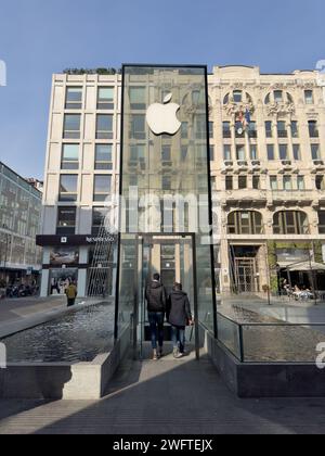 The beautiful Apple store, in Piazza Liberty, Milan, Italy Stock Photo ...