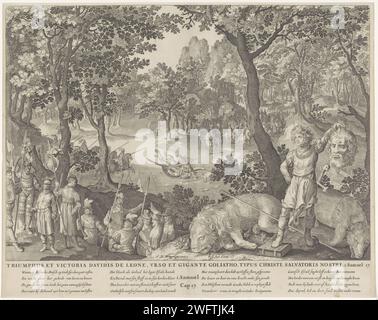 David and Goliat, Nicolaes de Bruyn, 1609 print In the middle the ...