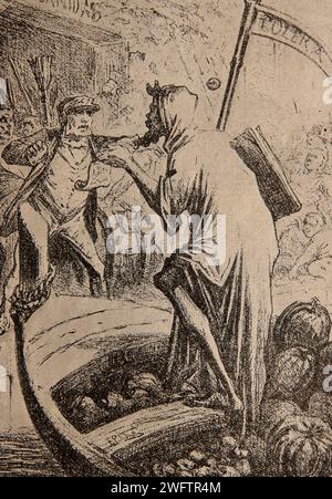 Cholera epidemics in Spain. Barcelona. 1865. Engraving of the arrival ...