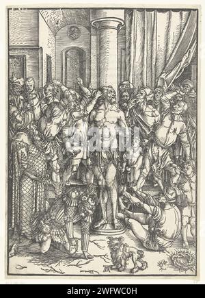 The Flagellation of Christ who is tied to a column at center set within ...