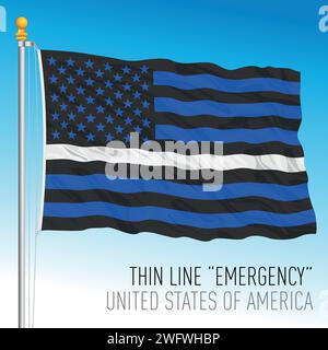USA, thin line blue waving flag, law enforcement symbol, United States ...