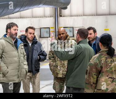 Col. Daniel Hoadley, 5th Bomb Wing commander, speaks at a 5 BW all-call ...