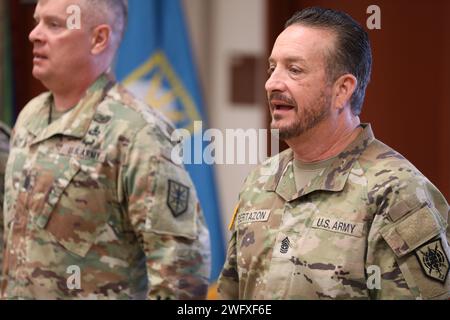 Command Sgt. Maj. (Ret.) Brian Bertazon, speaks during a change of responsibility ceremony held ...