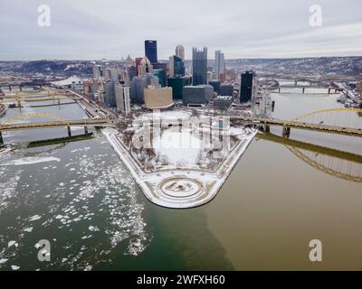 An aerial view shows icy waters on Ohio River flowing through the ...