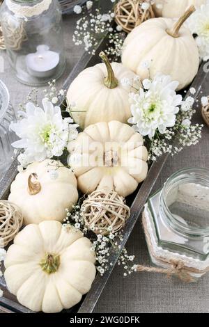 Floral decoration with white pumpkins called baby boo and chrysanthemum ...