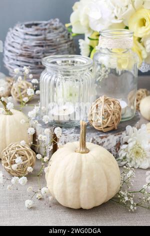 Floral decoration with white pumpkins called baby boo and chrysanthemum ...