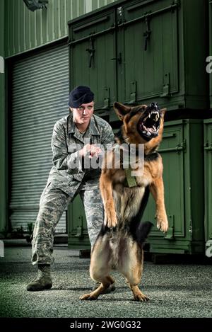 A Caucasian, female Air Force Security Forces Airman in uniform gives ...
