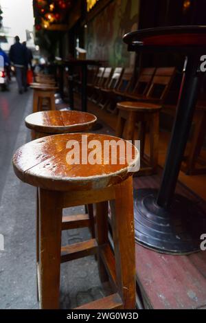 Stools await customers on the food street in Hanoi, Vietnam Stock Photo ...