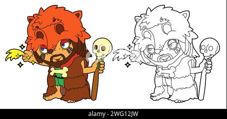 cartoon scene with caveman stonage man isolated with coloring page ...