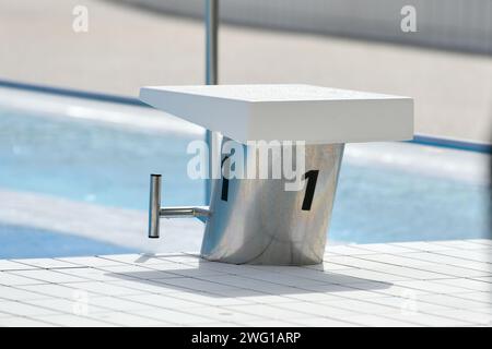 The starting blocks ready to dive into the pool Stock Photo - Alamy