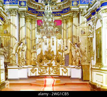 The iconostasis decorated with icons and religious paintings inside the church of the Greek ...