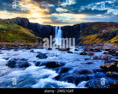 The Famous Beautiful Gufufoss Waterfall In Seydisfjordur, Iceland Stock ...