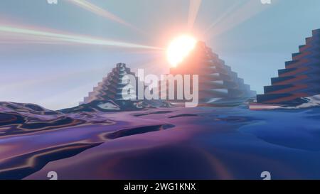 Dominated by a neon color palette, this scene presents a surreal ...