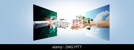 Real and artificial words meet. Hands appearing form monitors, human ...