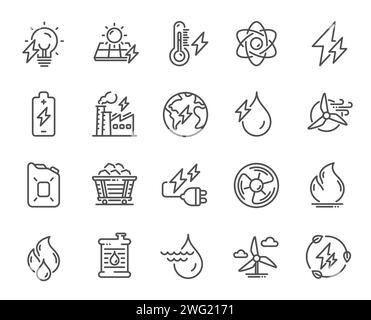 Electricity production, types of alternative energy sources line icon ...
