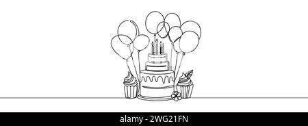 Continuous line drawing of a birthday cake with candle, Continuous Line ...