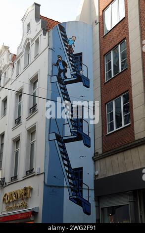 Adventures of Tintin comic strip mural, Brussels, Belgium Stock Photo ...