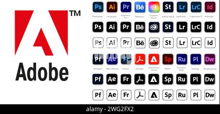 Adobe product. Logotype set of adobe products: adobe, illustrator, photoshop, creative cloud ...