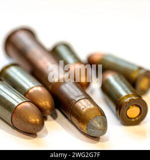 photograph of fired bullets and cartridges, white background Stock ...