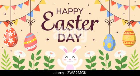 Happy easter day illustration. Horizontal greeting banner with bunny ...
