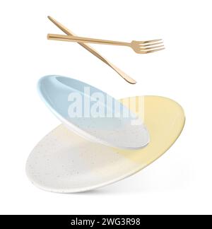 Clean plates, fork and knife falling on white background Stock Photo ...