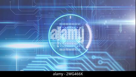 Image of scope scanning with computer circuit board over spinning lines on black background ...
