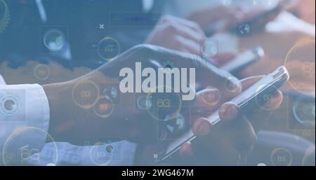 Image of 6g text, scopes scanning and business people using electronic ...