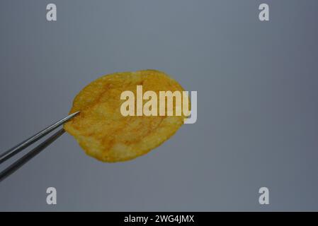 Snacks, fast and unhealthy food. Metallic, thin tweezers hold one salty ...